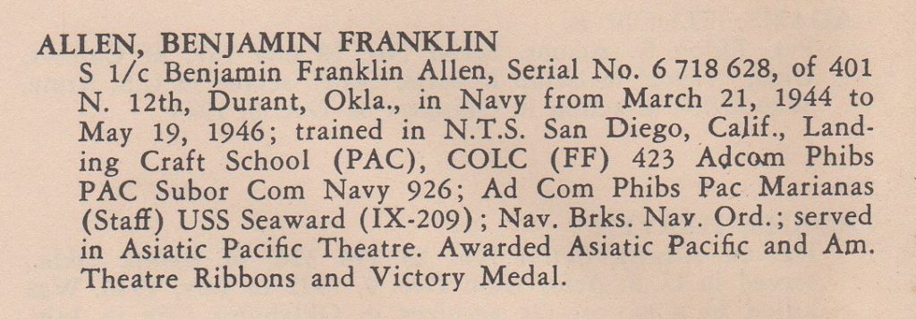 ALLEN BENJAMIN FRANKLIN 6718628 USS Seaward PTO -Bryan County Oklahoma ...