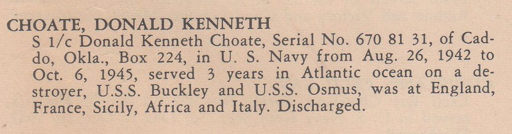 CHOATE DONALD KENNETH 6708131 U.S.S. Buckley and U.S.S. Osmus ETO ...