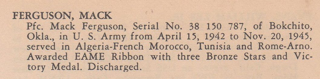 FERGUSON MACK 38150787 ETO -Bryan County Oklahoma – WorldWarTwoVeterans.com