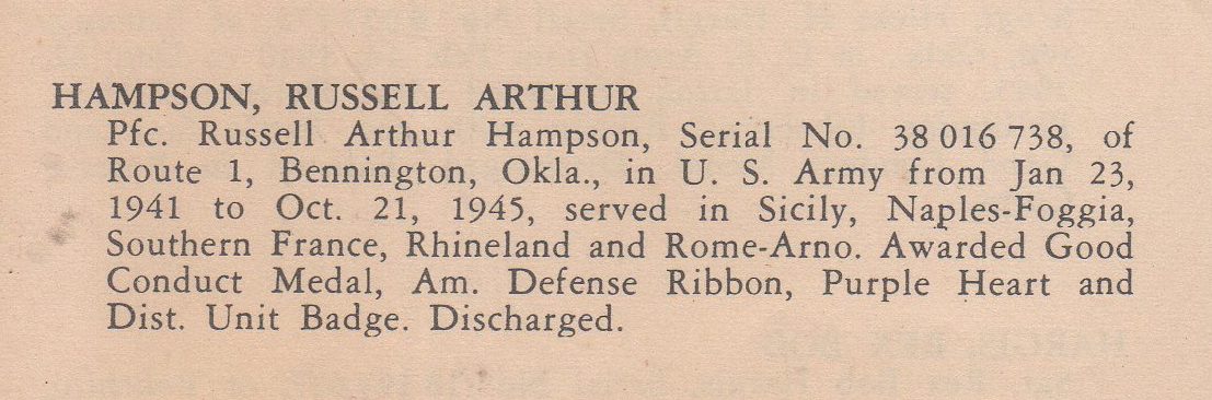 HAMPSON RUSSELL ARTHUR Purple Heart 38016738 -Bryan County Oklahoma ...