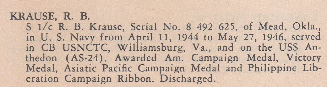 KRAUSE R. B. USS Anthedon AS-24 -Bryan County Oklahoma ...