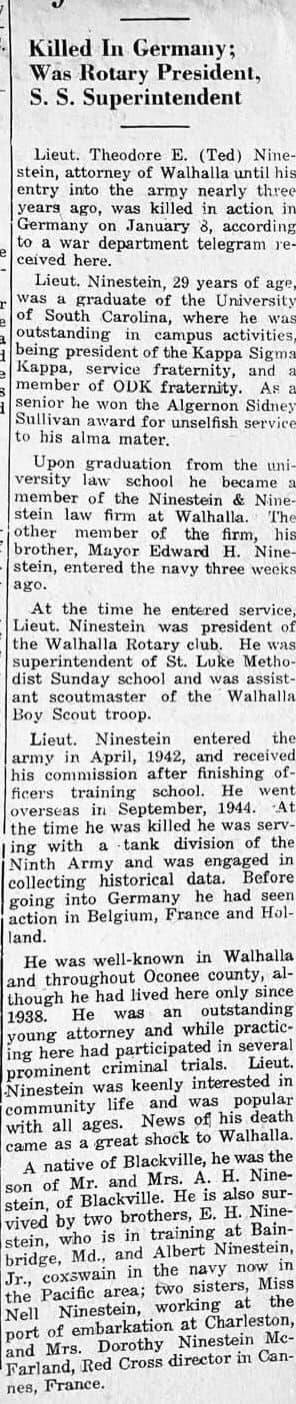 Ninestein Theodore Eugene “Ted” 0-1014724 ETO KIA 9th Army Headquarters ...